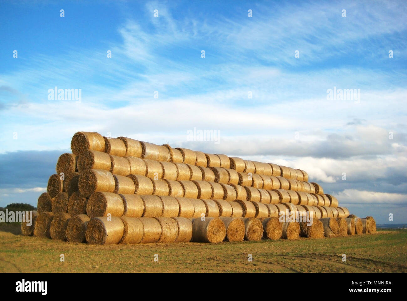 a stack of straw bales on field, cloudy sky Stock Photo - Alamy