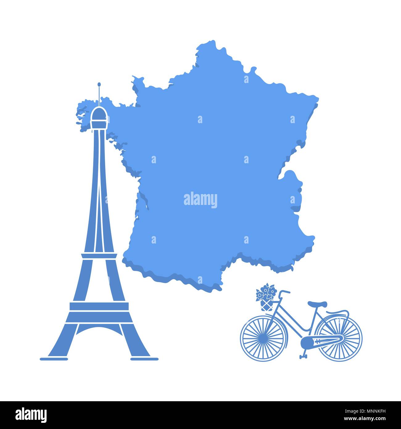 Map of France, famous tower of Paris, bicycle with a basket of flowers ...