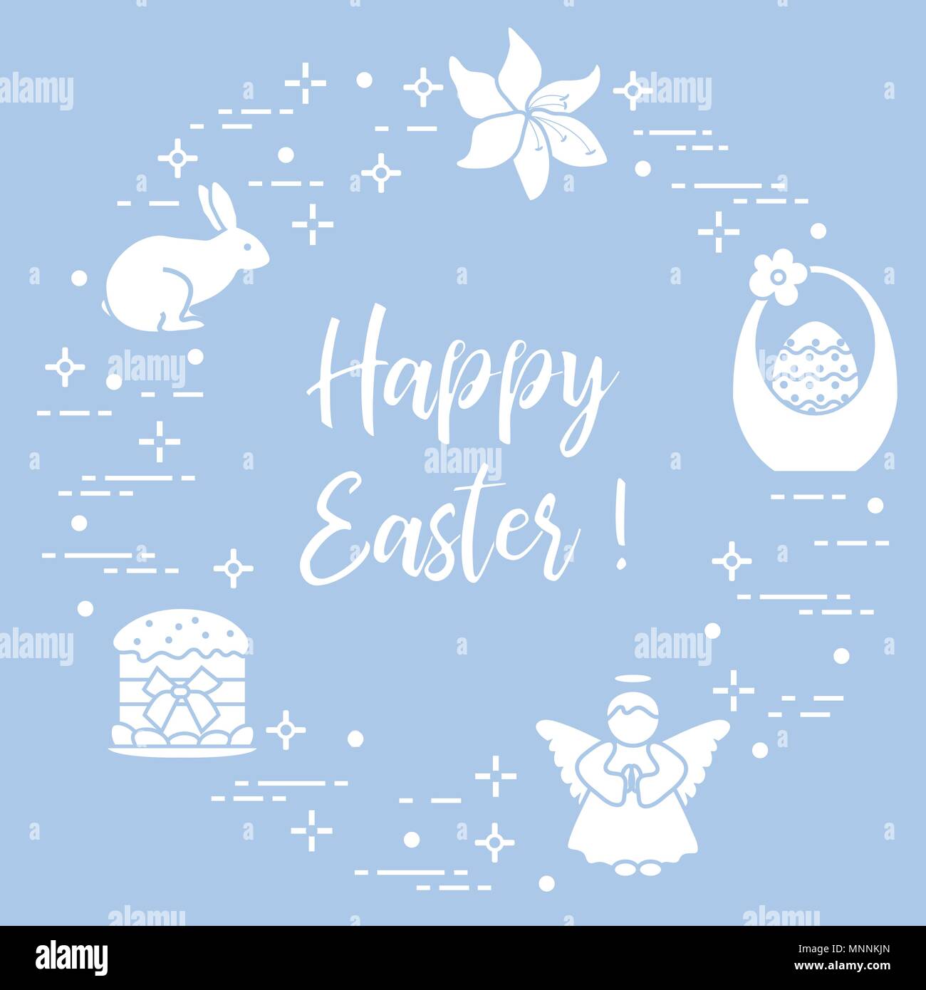 Easter symbols. Easter cake, basket, eggs, rabbit, flowers, angel Stock ...