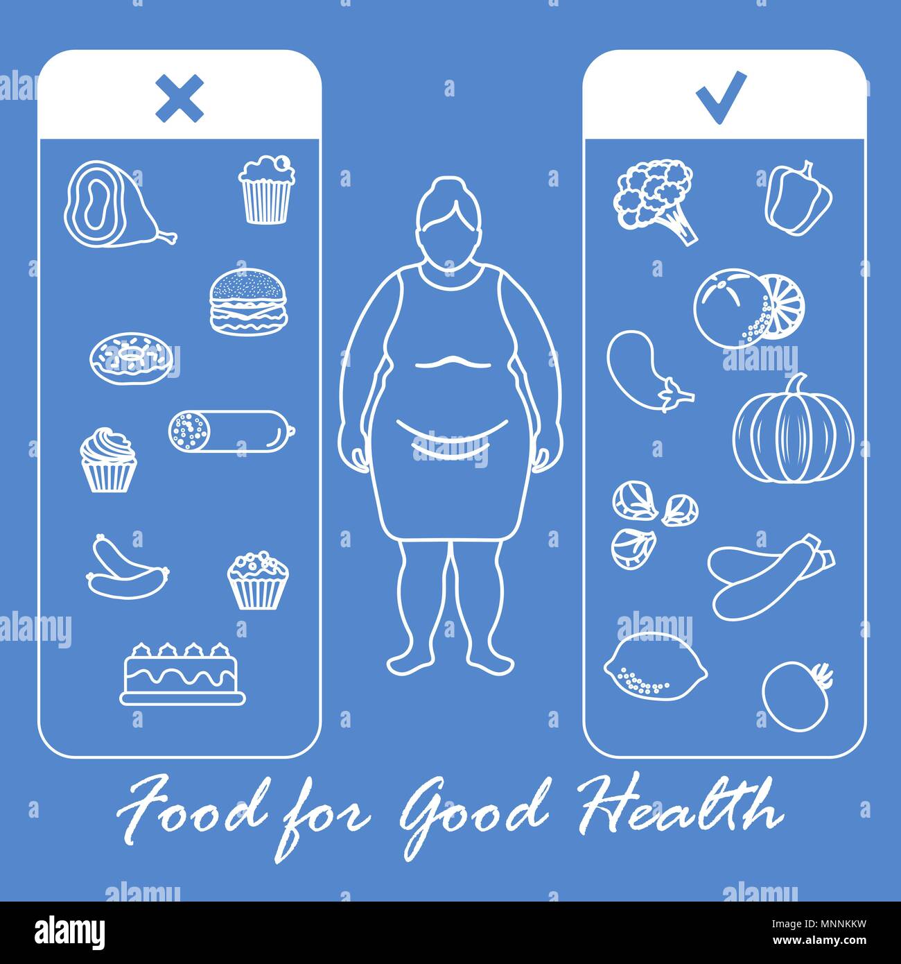 Fat woman with and useful and harmful food. Proper nutrition with ...