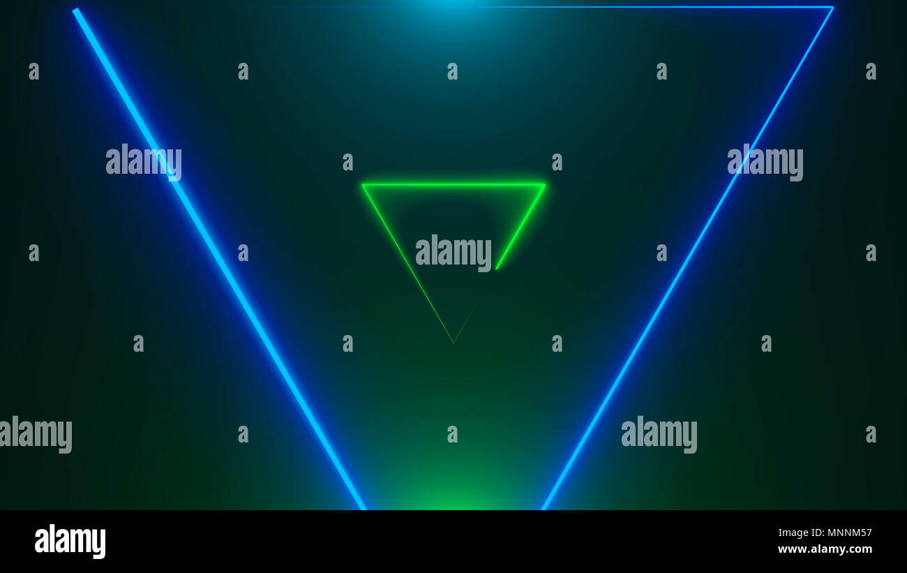 Many neon triangles in space, abstract computer generated backdrop, 3D ...