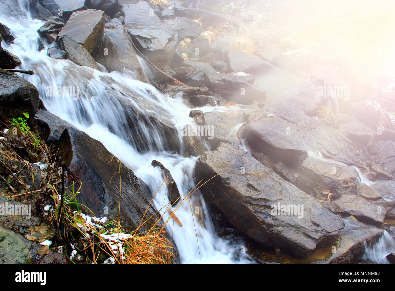 Beautiful landscape with waterfall and river flowing in mountains in ...