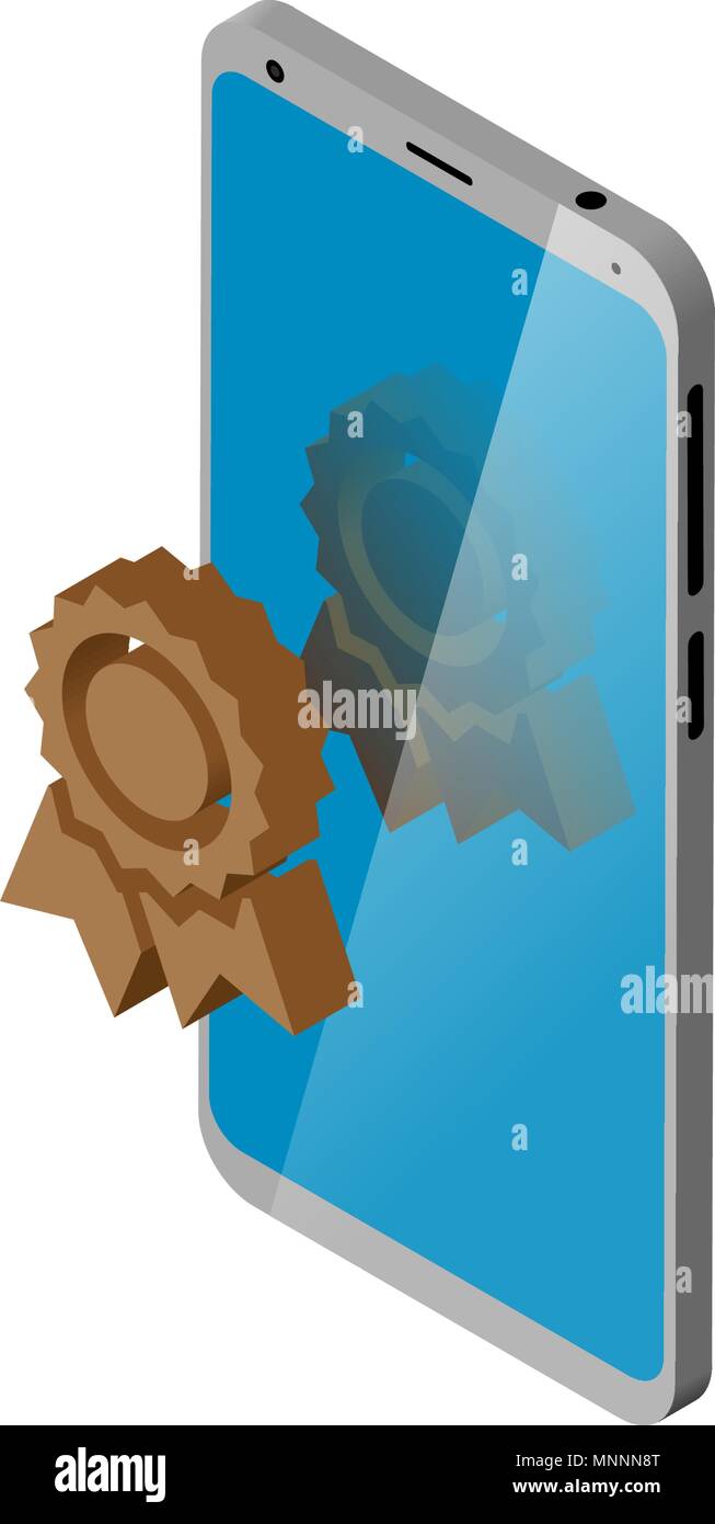 mobile phone and medal winner in isometric view, white background Stock ...