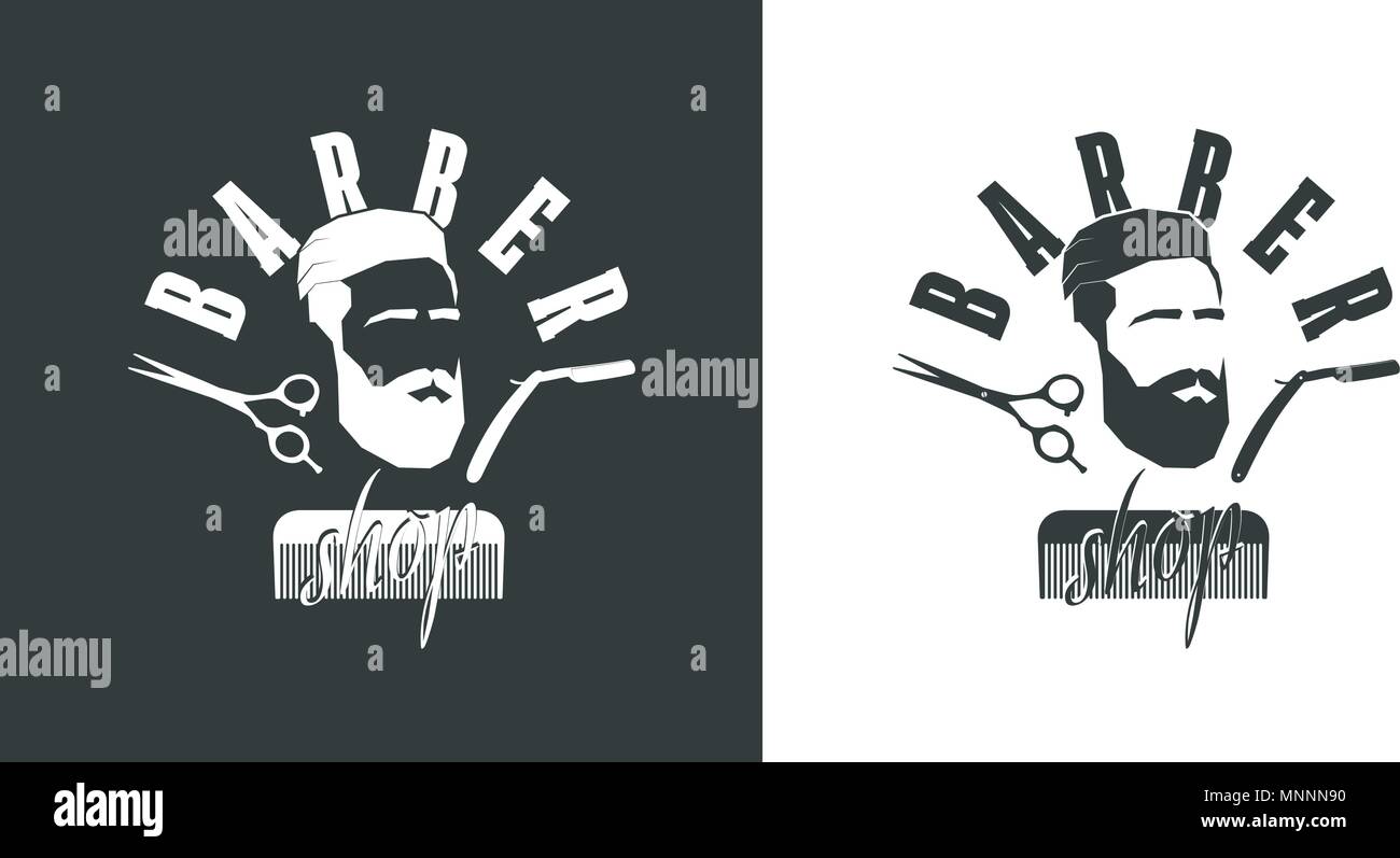 barbershop. Company name. profile of man with beard, scissors and knife ...