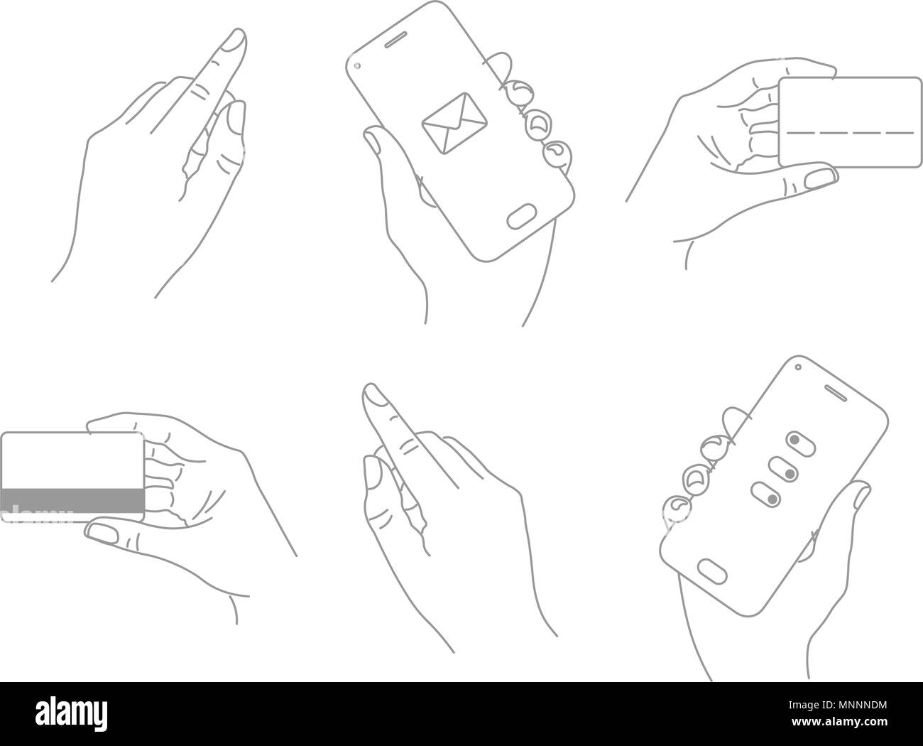 Graphic hand holds smartphone, credit card, points index finger. Line ...