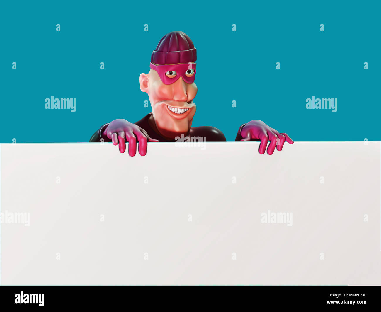 Masked burglar character holding a blank board. 3d illustration Stock ...