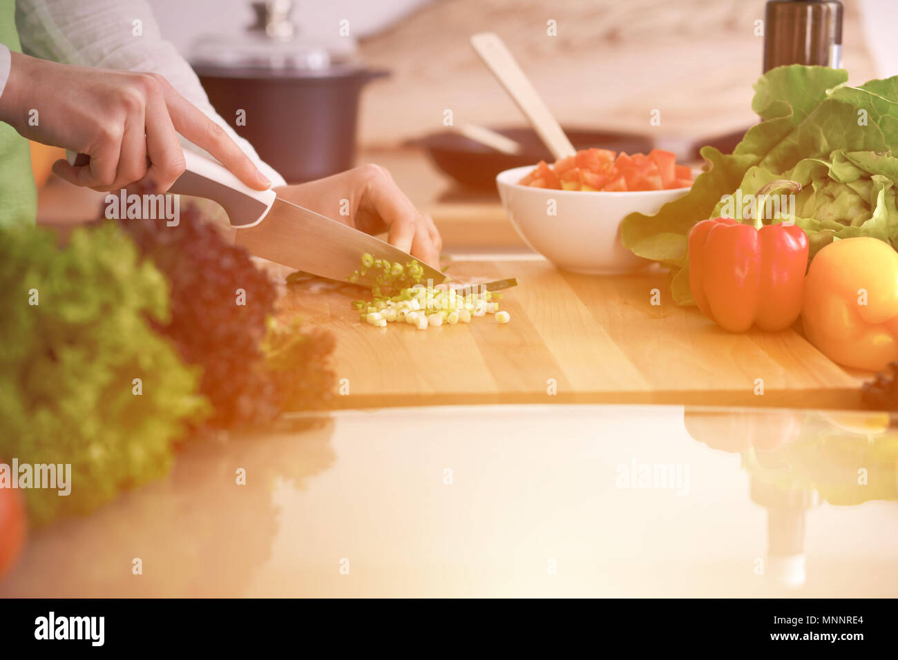 Close Up of human hands cooking vegetable salad in kitchen on the glass ...