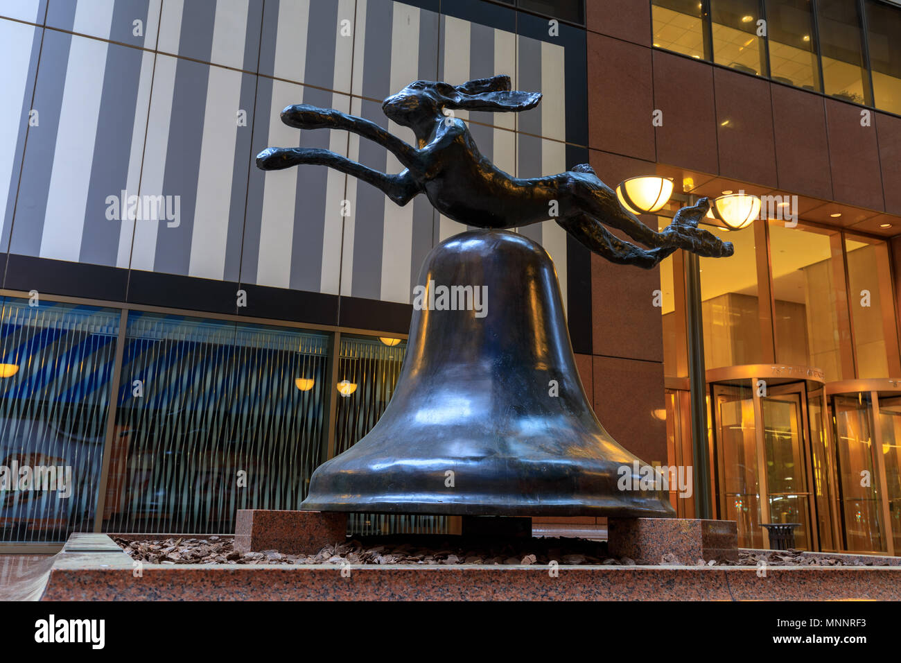 New York, USA - May 6, 2018 : Public sculpture of Rabbit and bell in ...