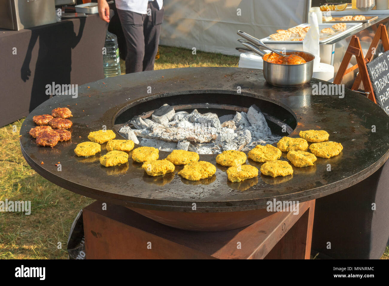 Street food cooking, making meat and vegetable burgers, the detail ...