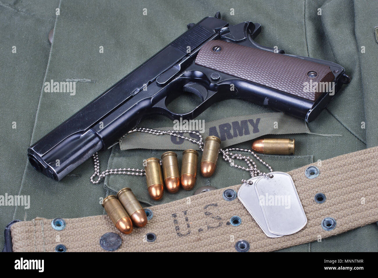 colt government M1911 with US ARMY uniform texture background Stock ...