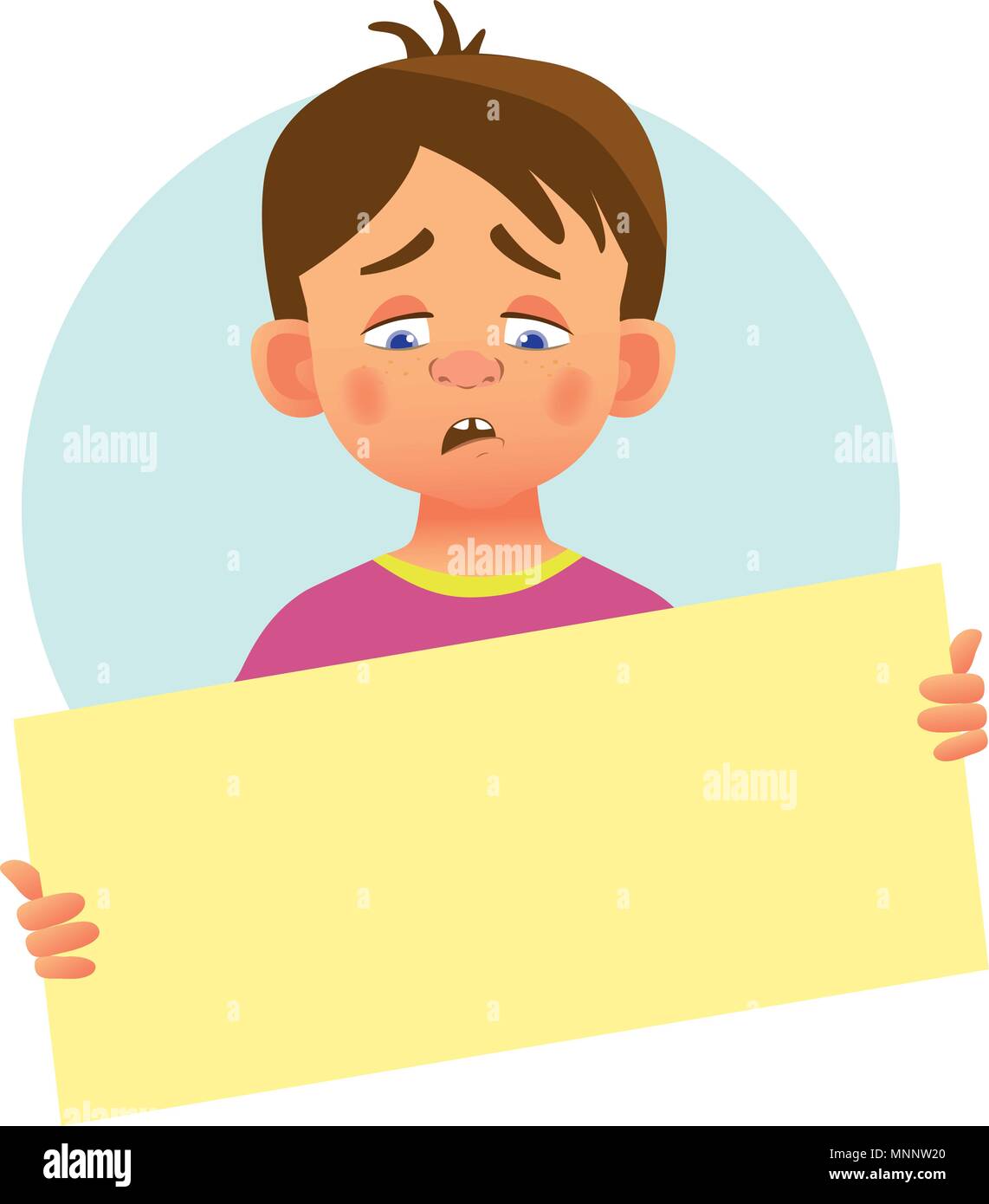 Sad boy holding blank poster. Blank message vector illustration. Hands ...