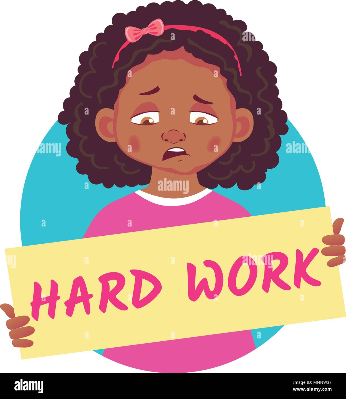 Hard Work banner. Sad African or Afro-American girl holding poster ...