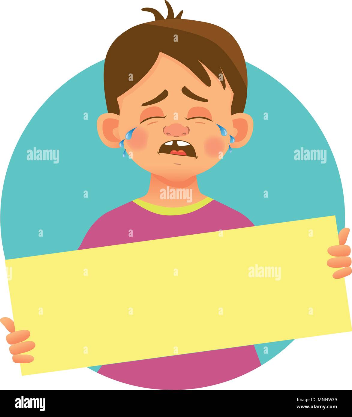 Crying boy holding blank poster. Blank message vector illustration ...