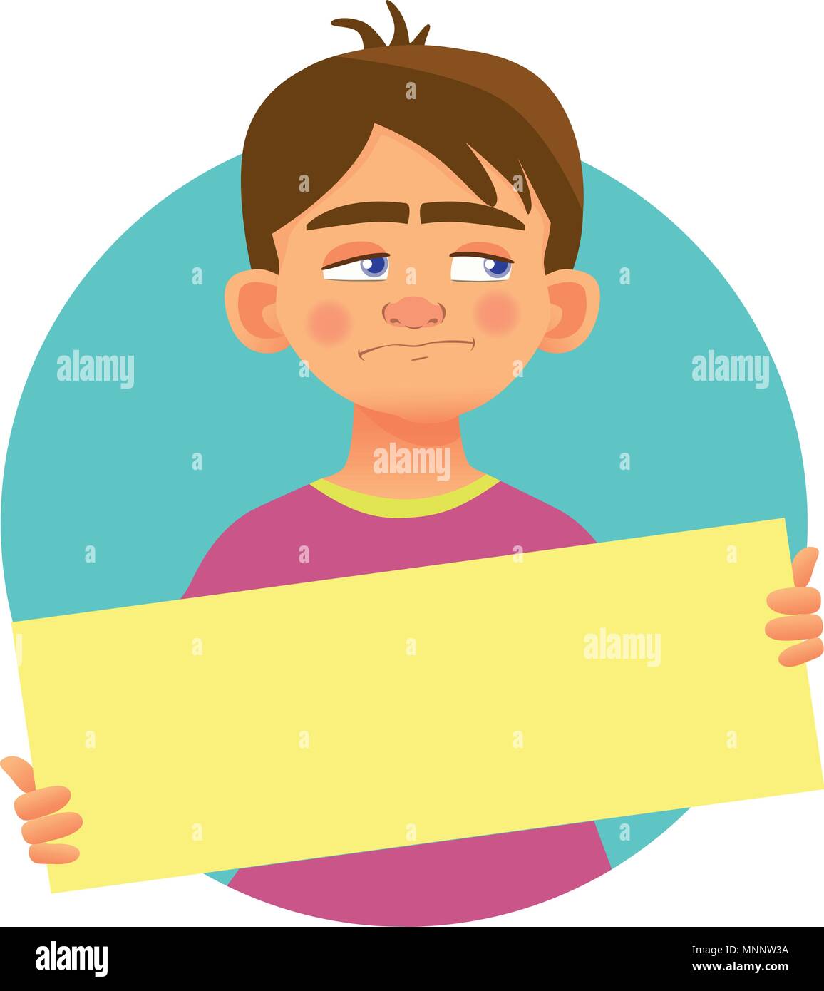 Sad boy holding blank poster. Blank message vector illustration. Hands ...