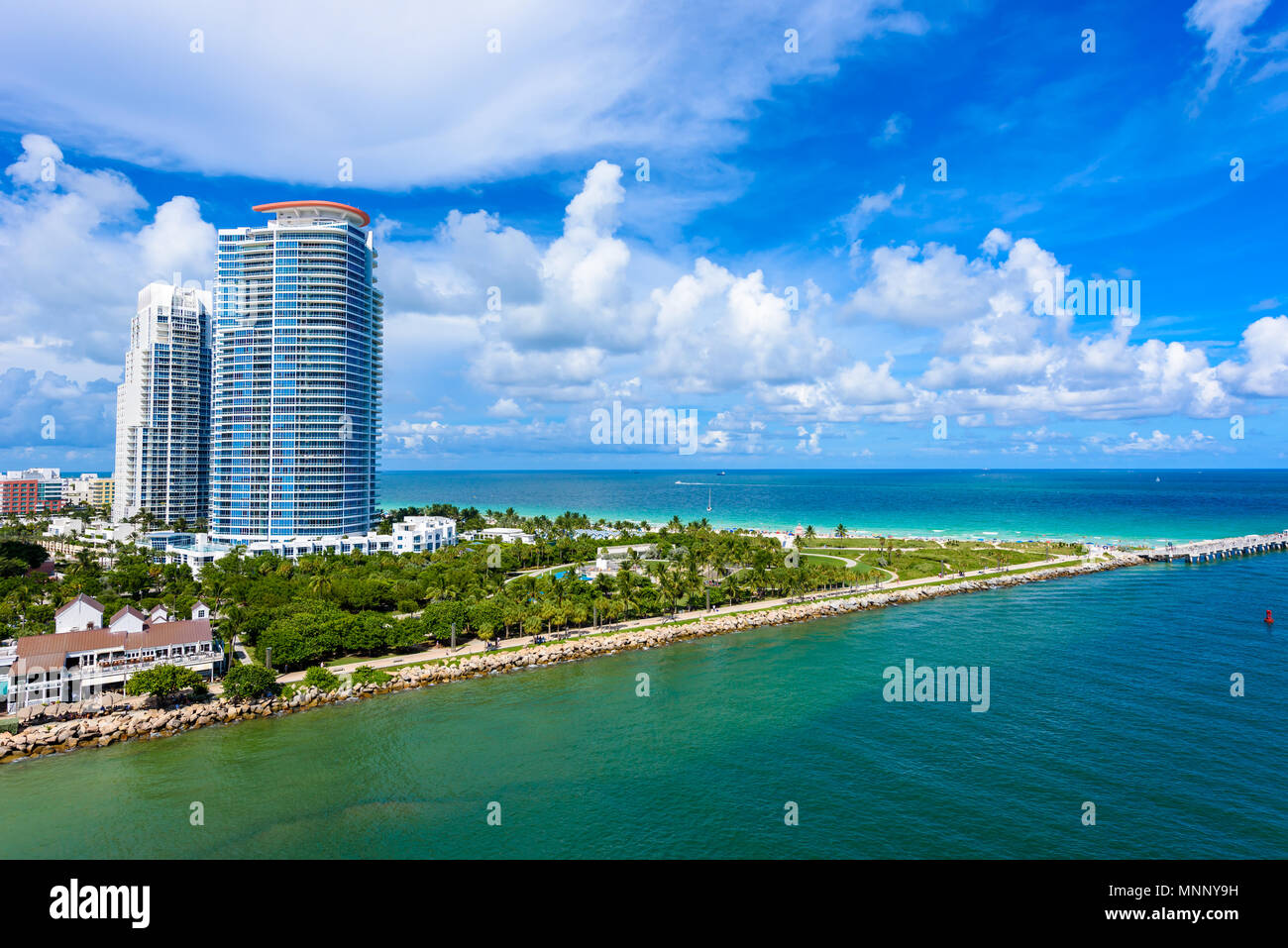 South Pointe Park and Pier at South Beach, Miami Beach. Aerial view ...