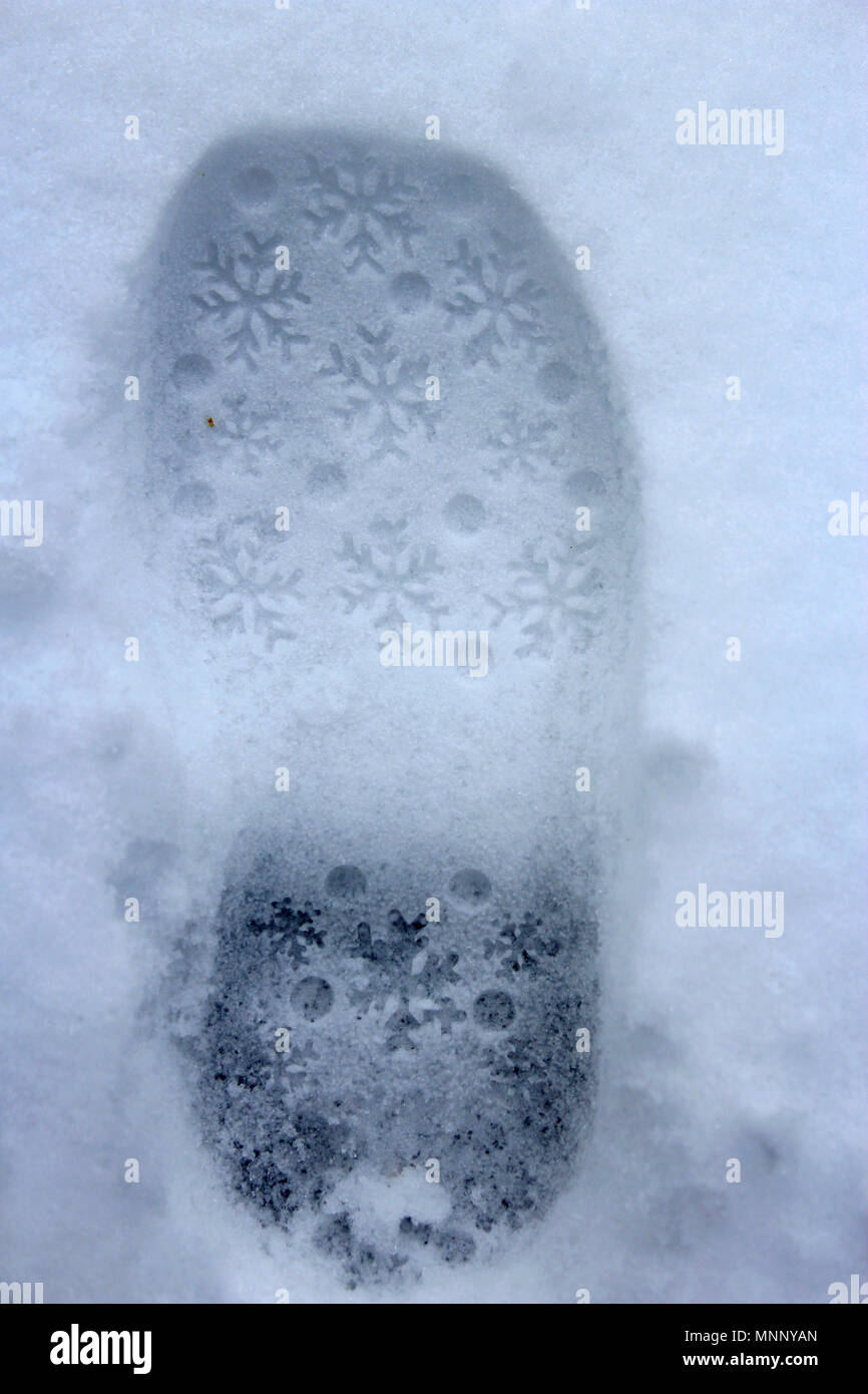 Trace on snow. Fresh snowy shoeprint. Wintertime - road covered with ...