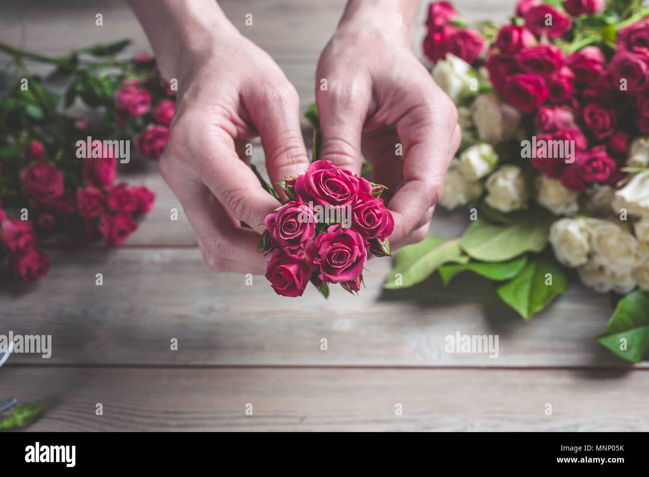Florist at work. Female hands collect a wedding bouquet of roses ...
