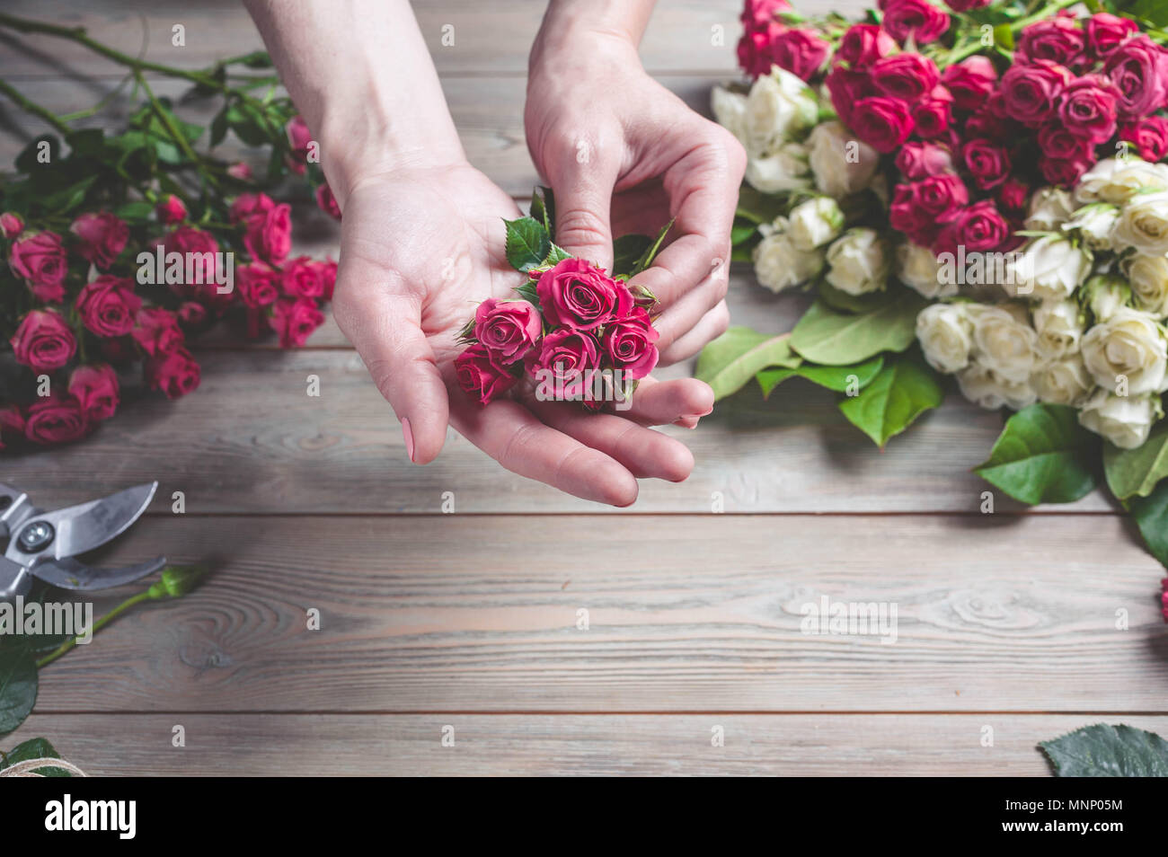 Florist at work. Female hands collect a wedding bouquet of roses ...