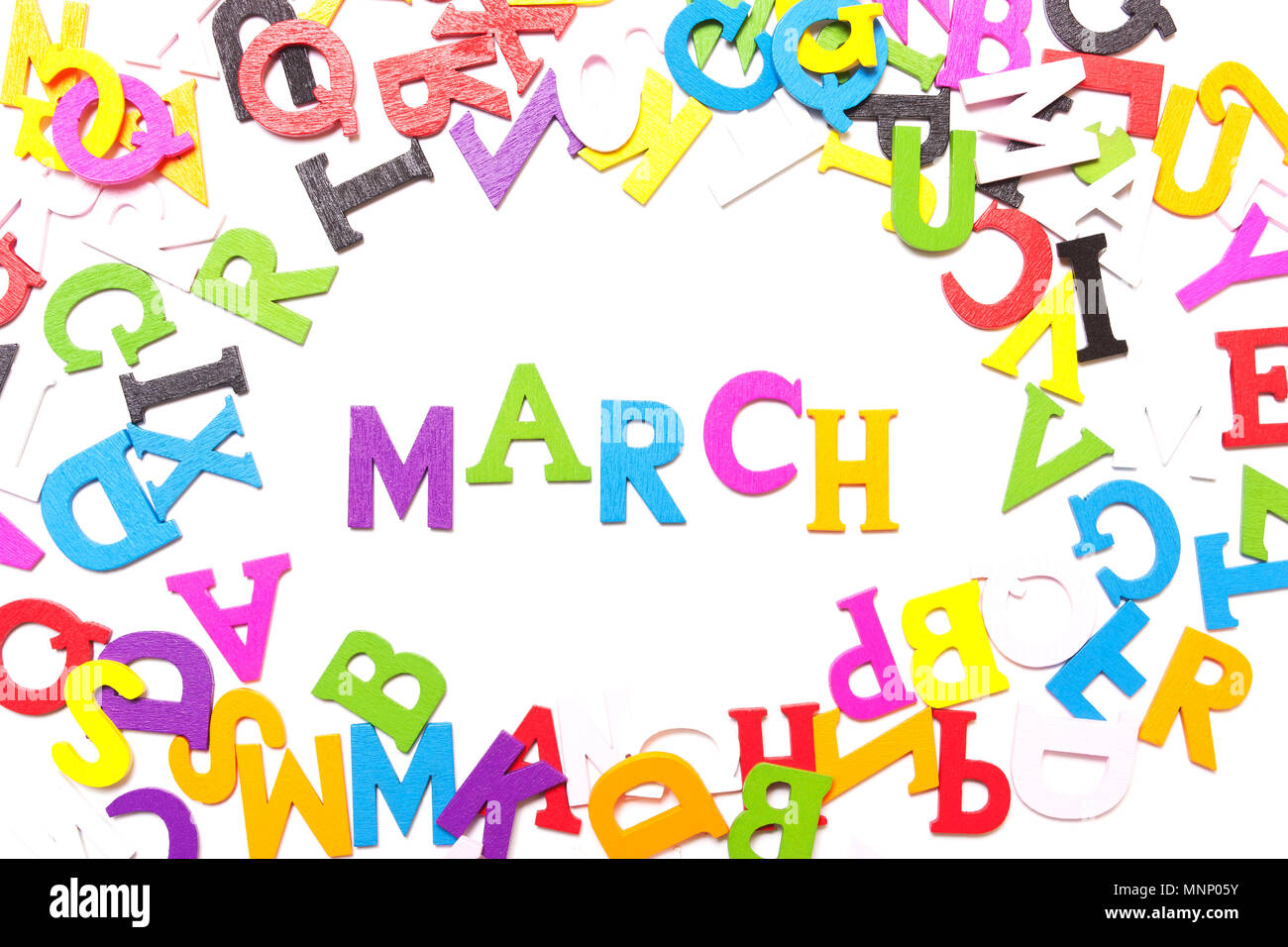 Word March of colored letters on a white background Stock Photo - Alamy