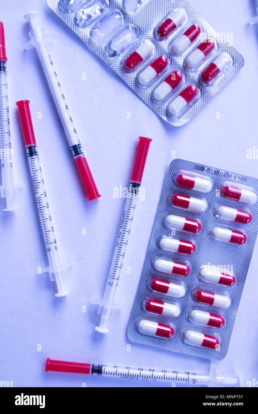 Medical prescription drug pills blister pack of red and white ...