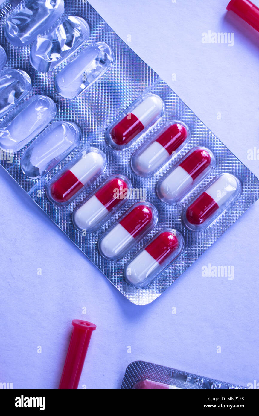 Medical prescription drug pills blister pack of red and white ...
