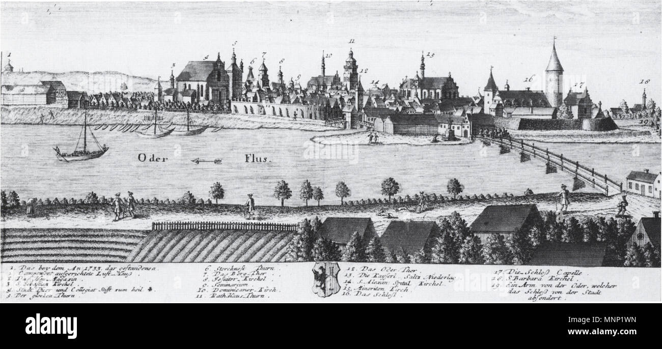 . Copper engraving of the city of Oppeln/Opole, seen from west . 1734 ...