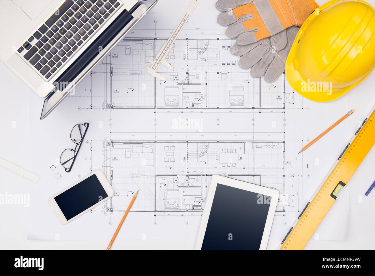 Workplace of architect. Architectural plan, technical project drawing ...