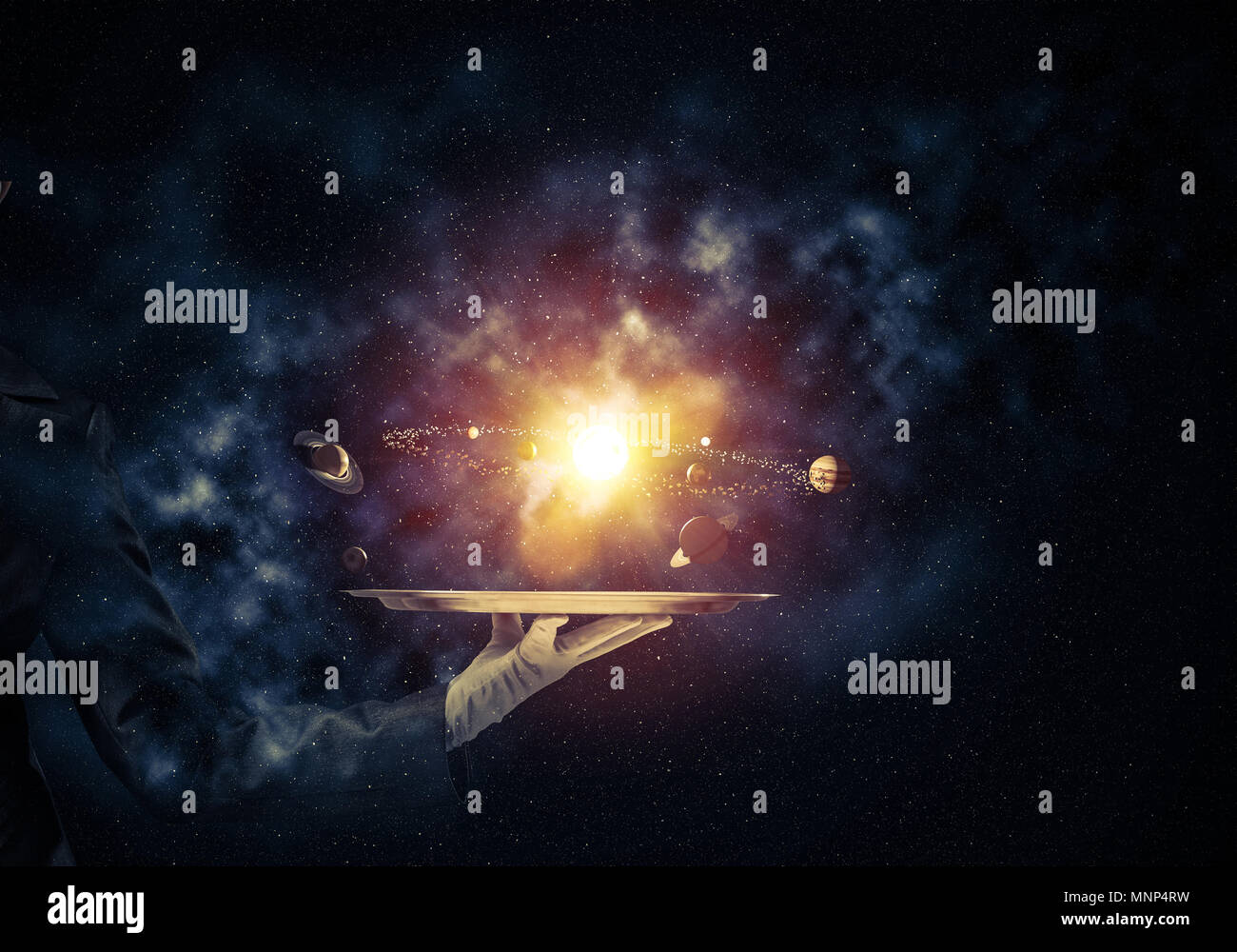 Hand of waitress presenting solar system on tray Stock Photo - Alamy