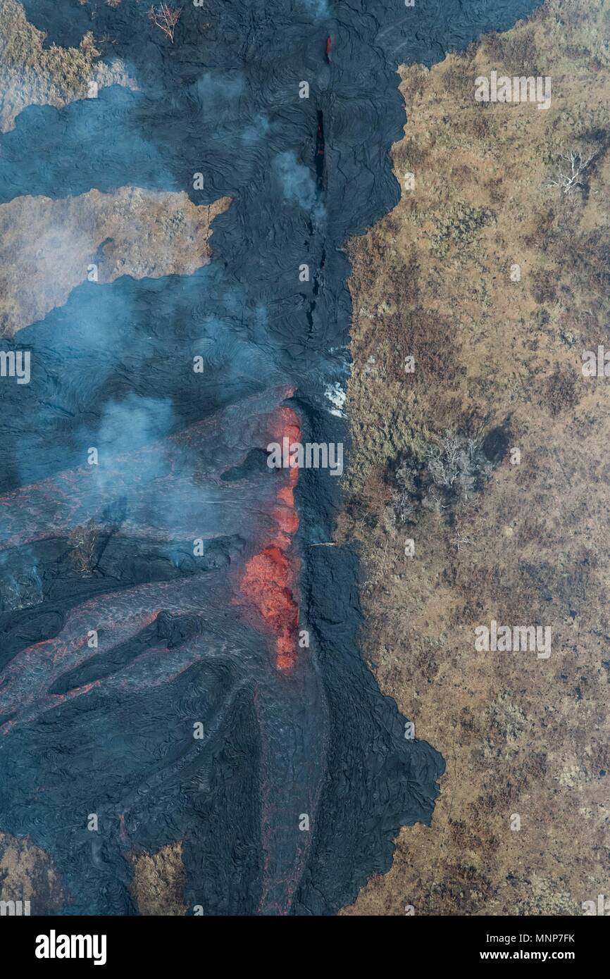 Hilo, Hawaii, USA. 18th May, 2018. An aerial view of lava spewing from ...