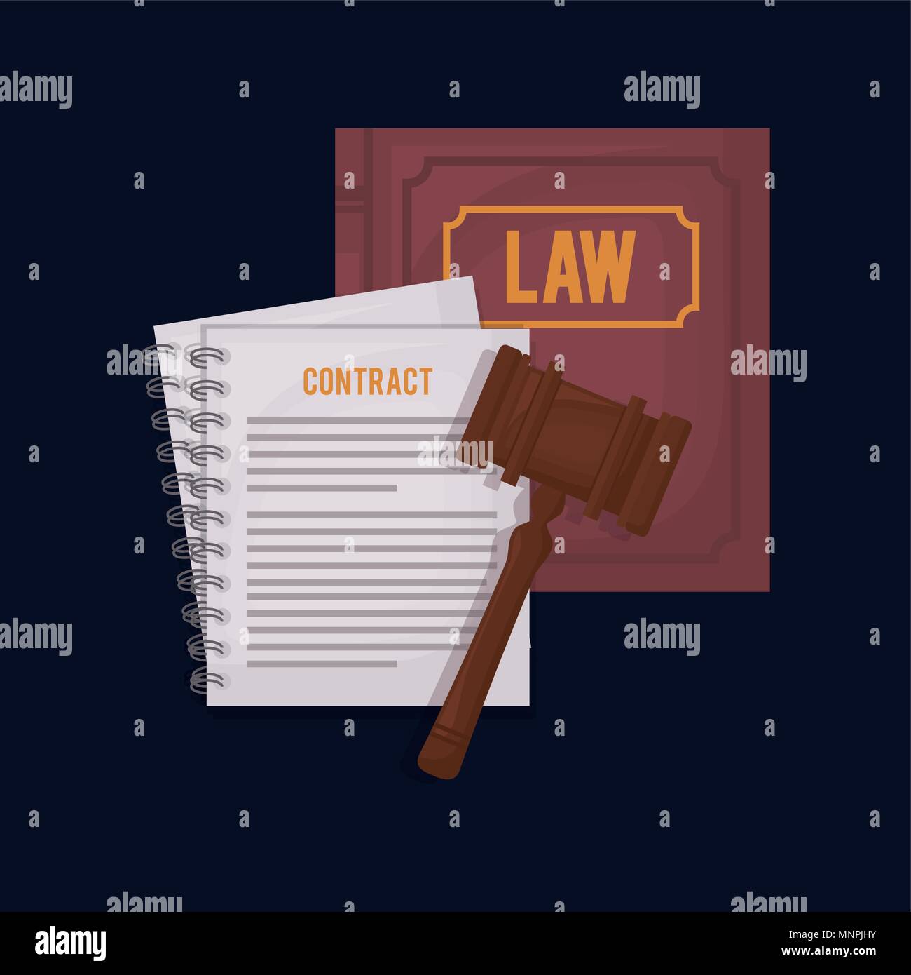 law book with hammer and contract document over blue background ...
