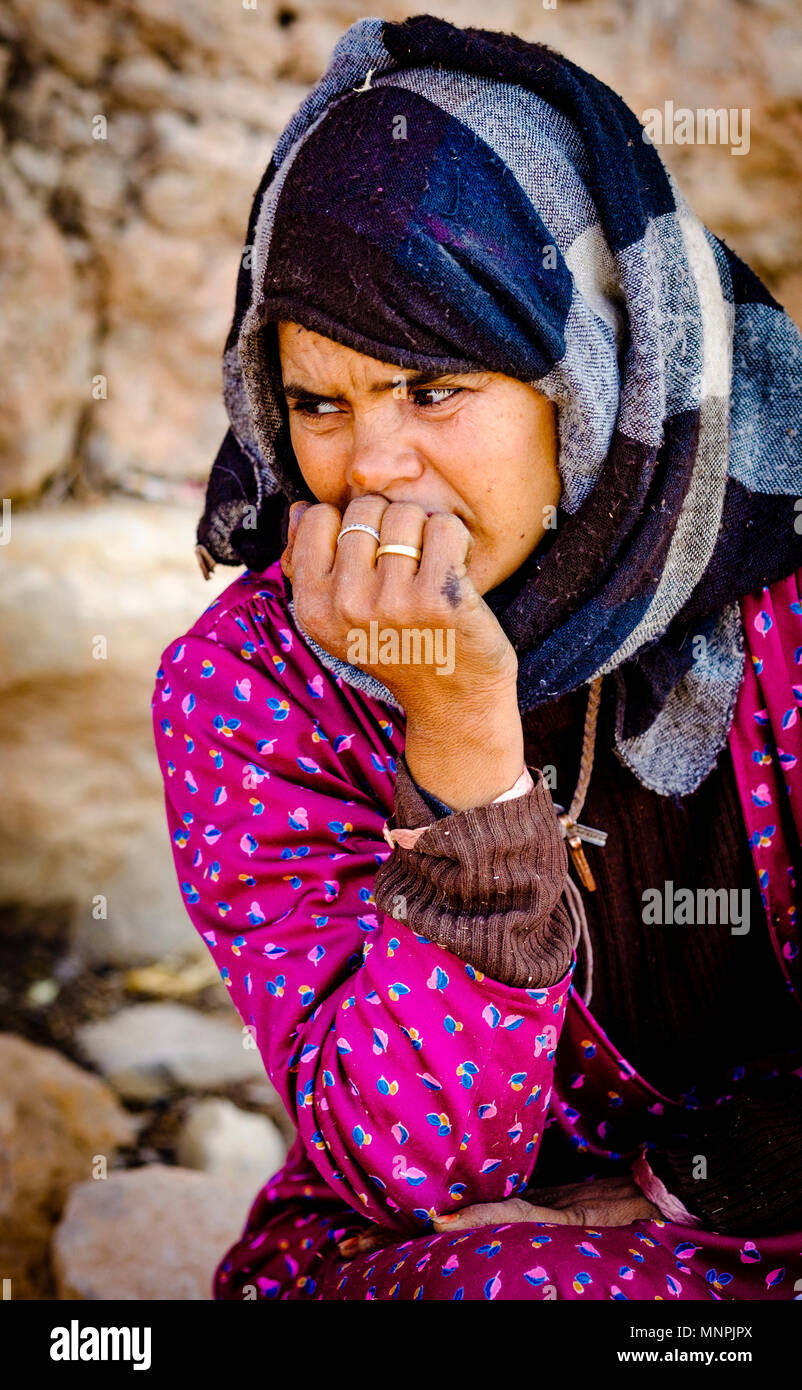 Portrait of a nomadic woman in the Dades Valley in southern Morocco ...