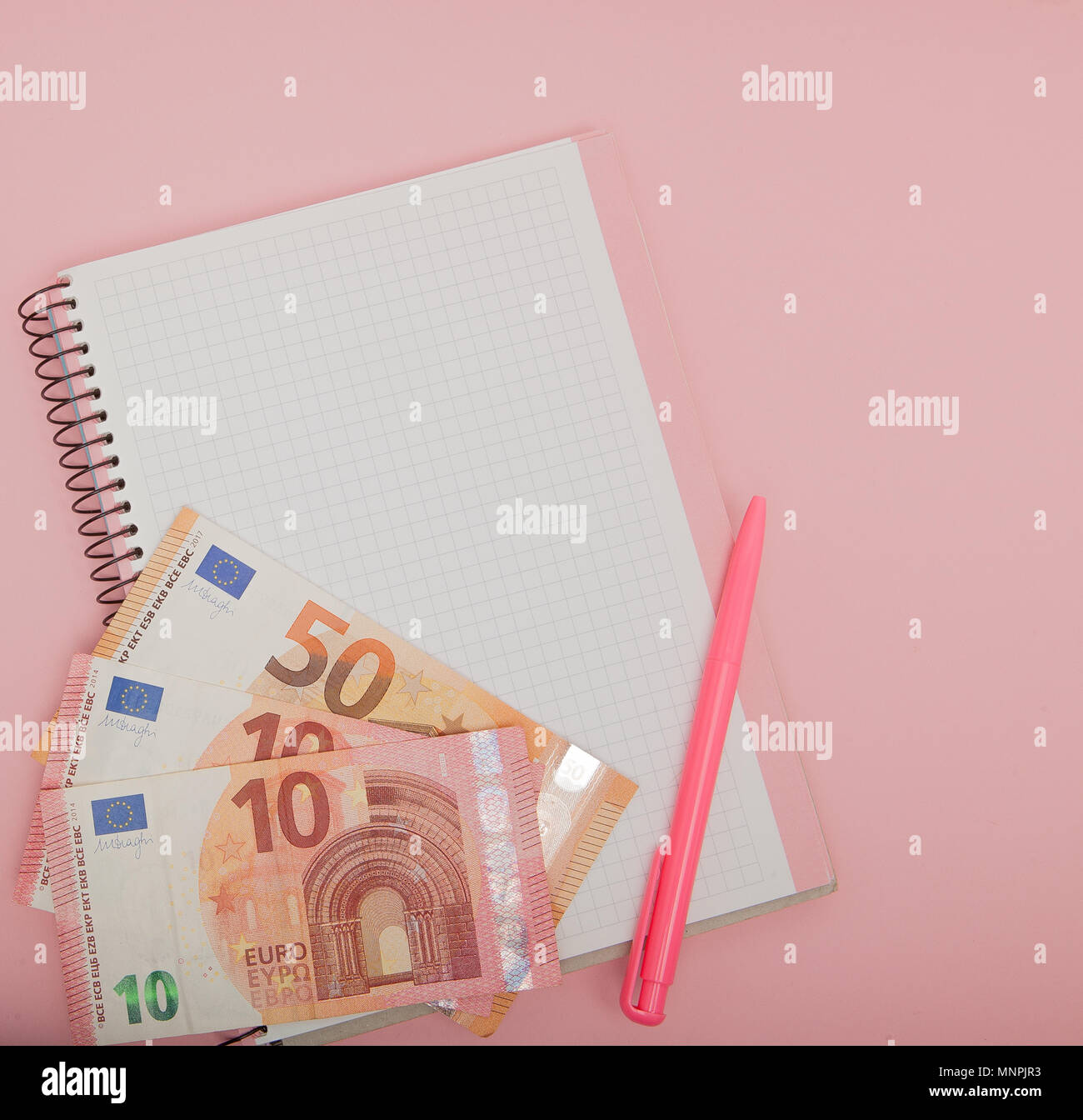 Notebook, pen and Euro banknotes on pink background with copy space ...