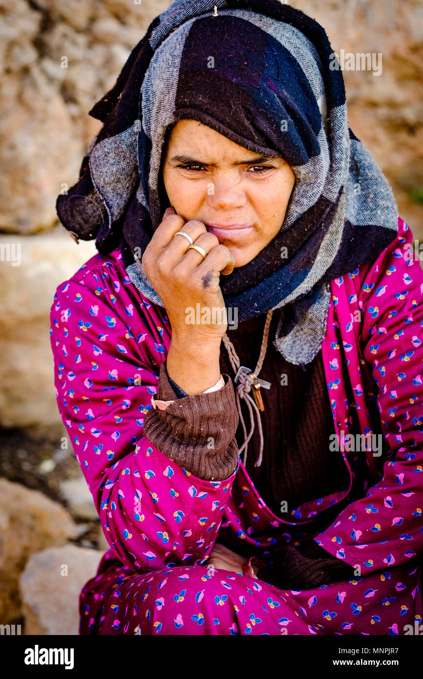 Portrait of a nomadic woman in the Dades Valley in southern Morocco ...