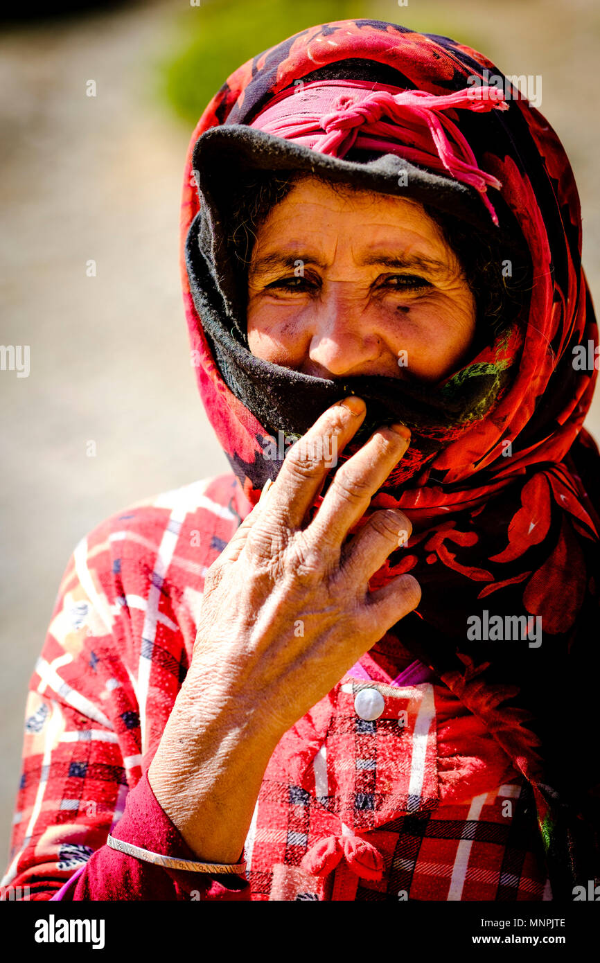 Portrait of a nomadic woman in the Dades Valley in southern Morocco ...