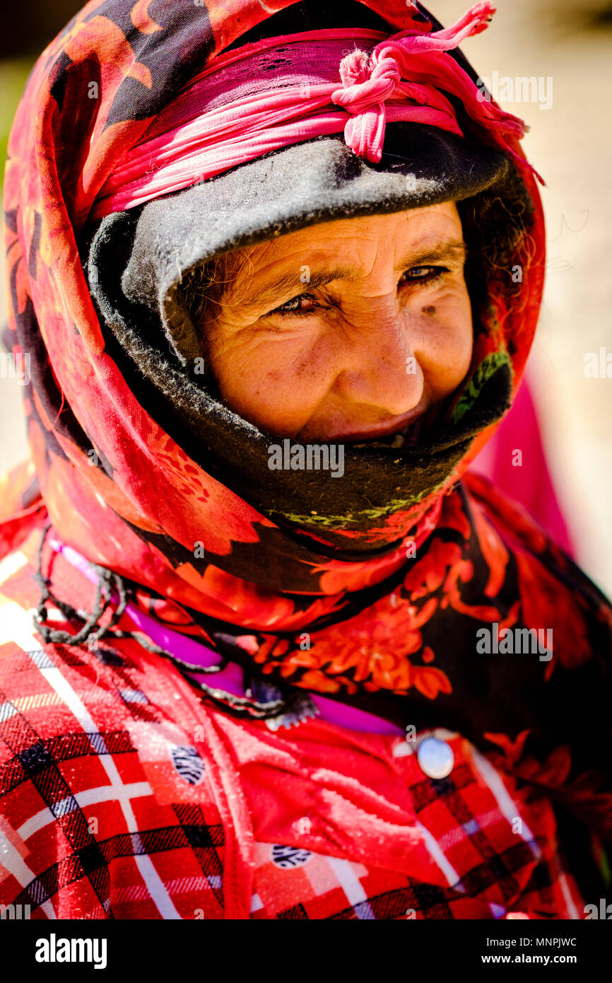 Portrait of a nomadic woman in the Dades Valley in southern Morocco ...