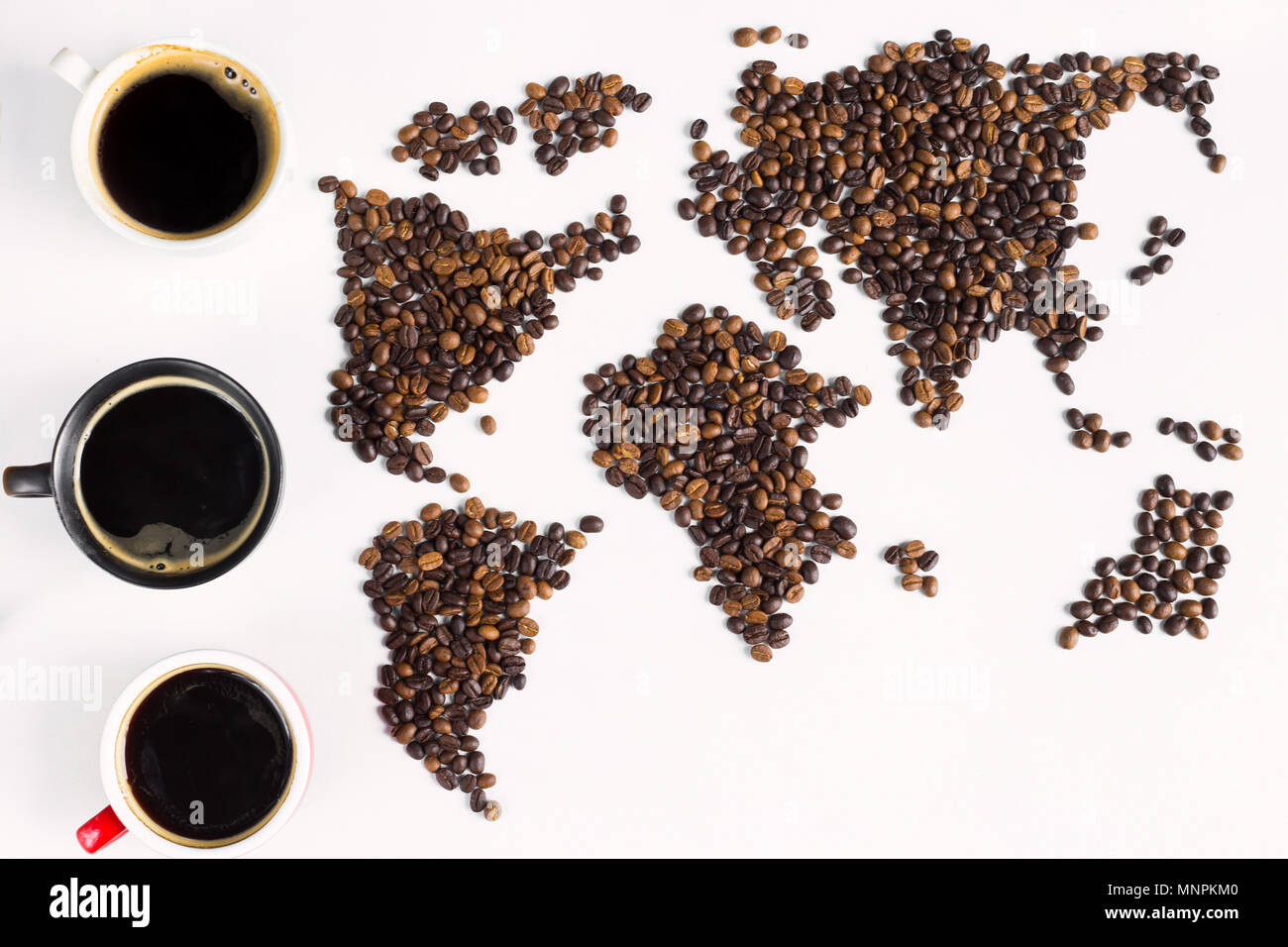 Coffee cups with black coffee and globe map made from coffee bean Stock ...