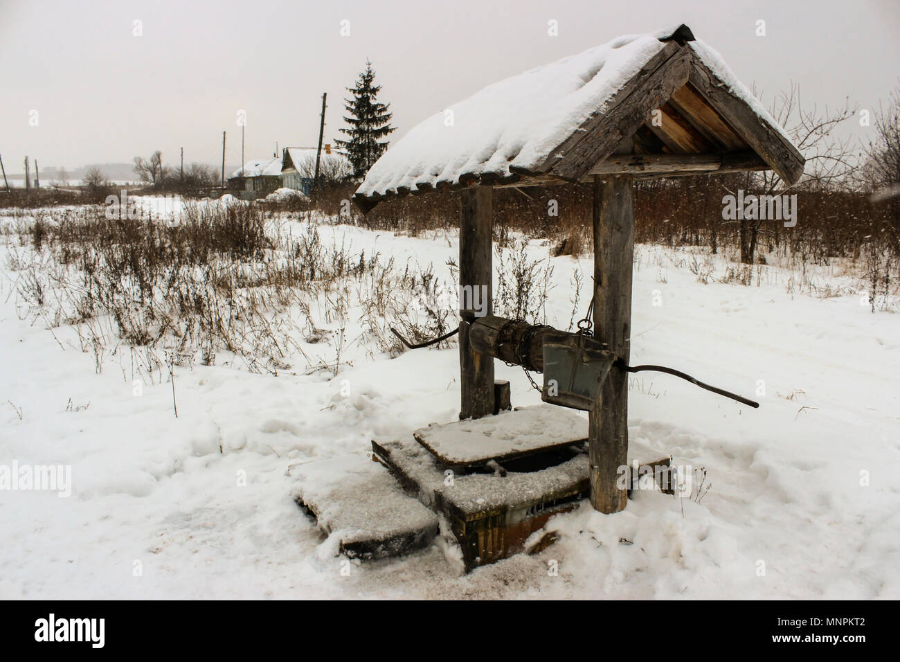 Rural landscape with views of the snowy Russian countryside and the ...