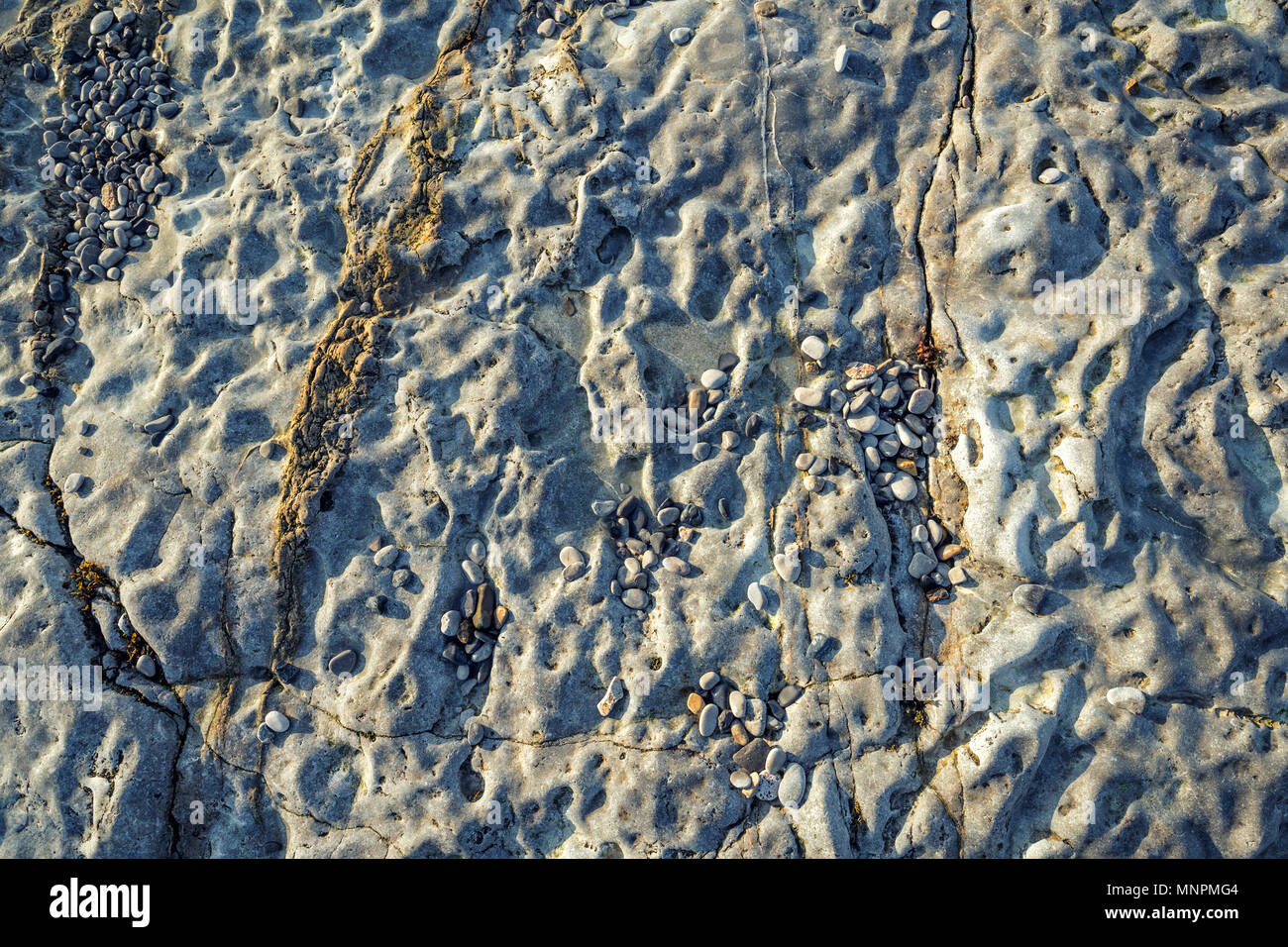 Surface of heavilly eroded marine cliff rock in brown-grey colours ...