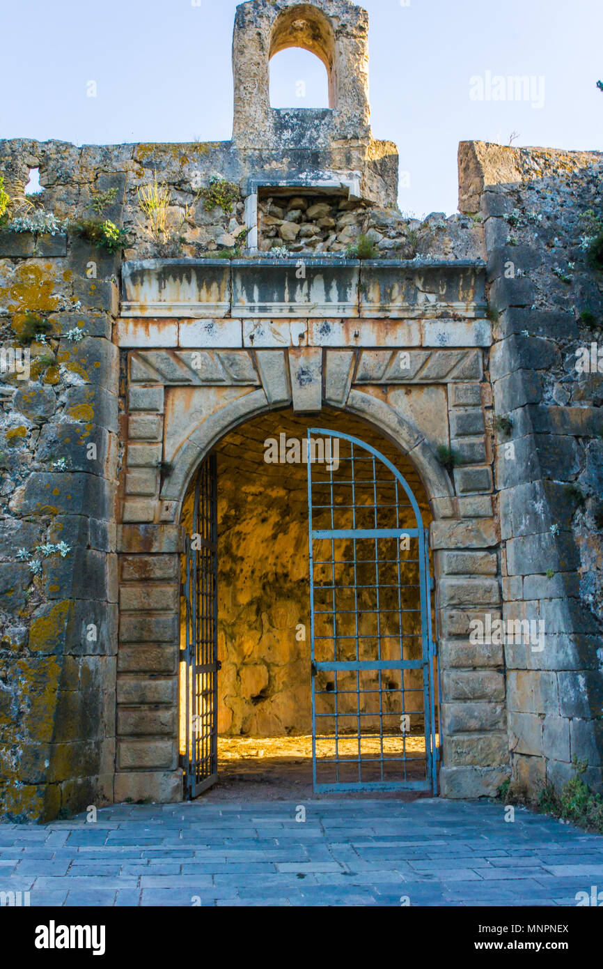 Castle gate of Assos village castle in Kefalonia island in Greece. Is ...