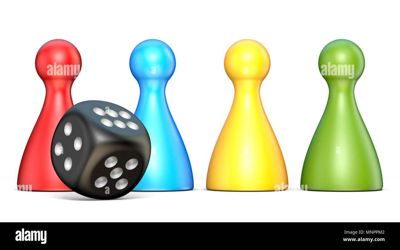 Plastic game figures and one black dice 3D rendering illustration ...