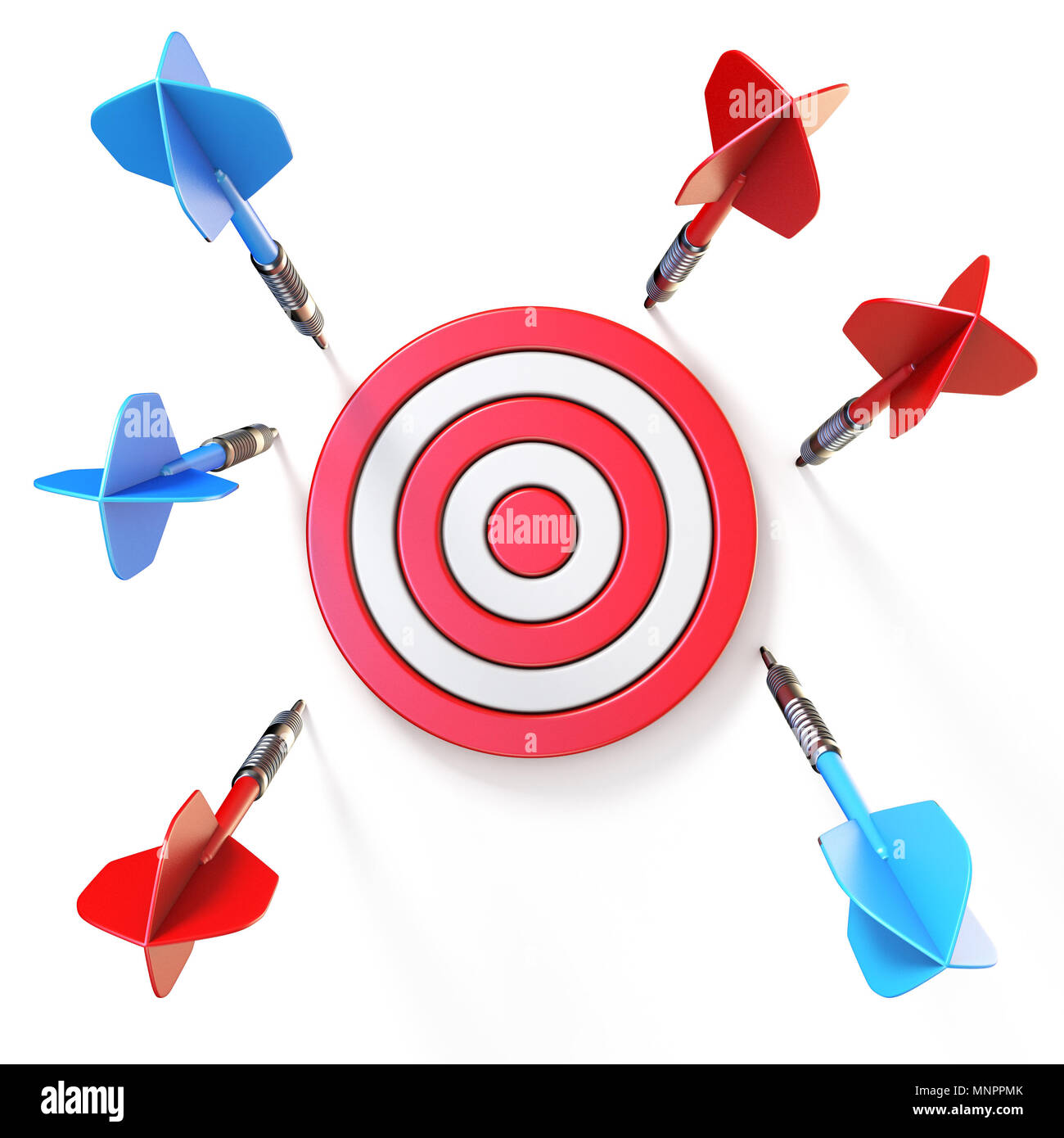 Blue and red dart miss target front view 3D rendering illustration ...