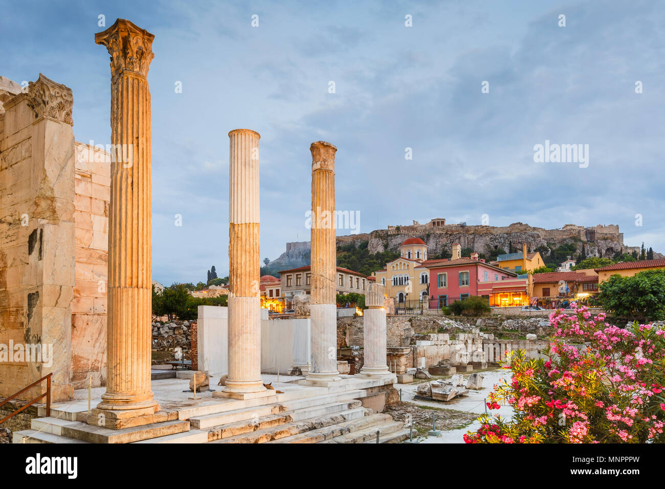 Remains of Hadrian's Library and Acropolis in the old town of Athens ...