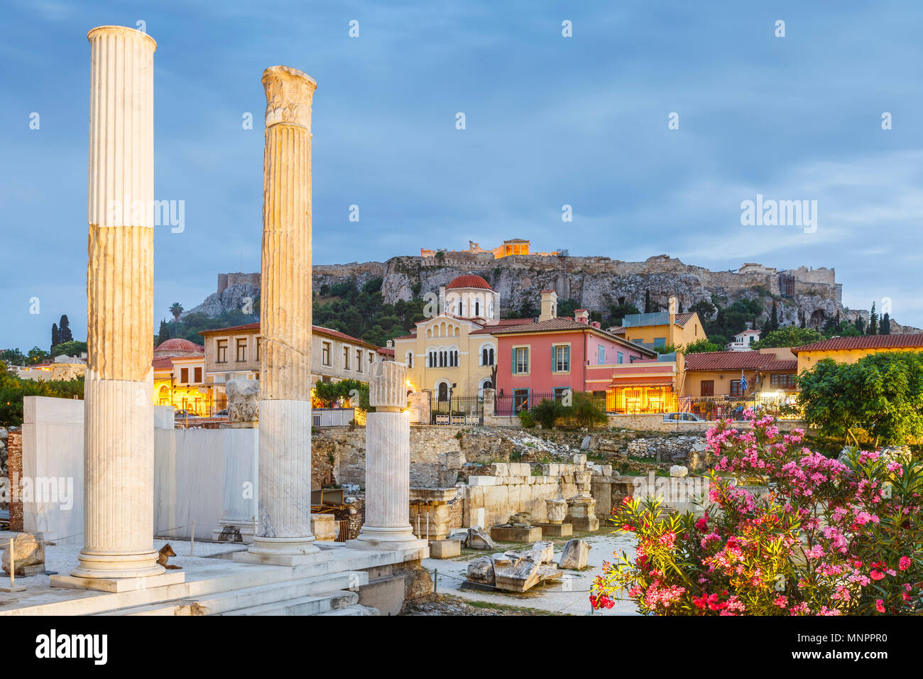 Remains of Hadrian's Library and Acropolis in the old town of Athens ...