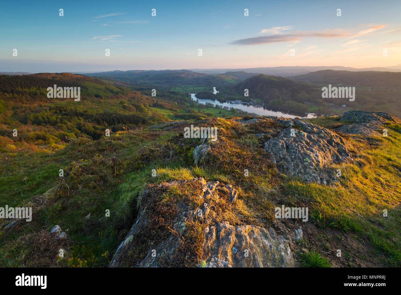 The view from Gummers How at sunset overlooking Lake Windermere Stock ...