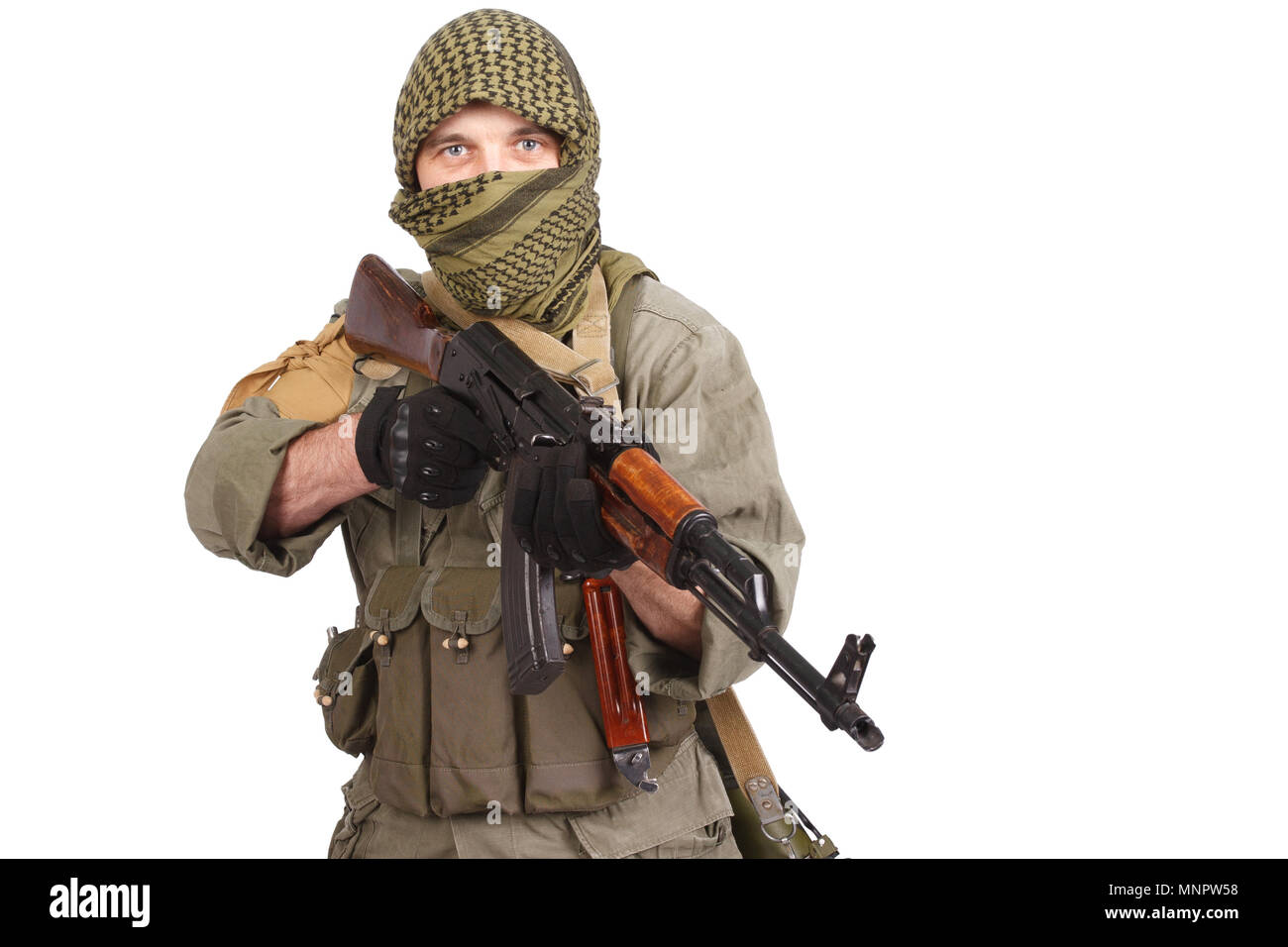 insurgent wearing keffiyeh with AK 47 gun isolated on white Stock Photo ...