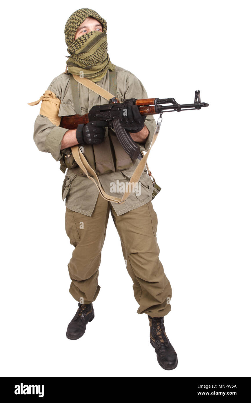 insurgent wearing keffiyeh with AK 47 gun isolated on white Stock Photo ...