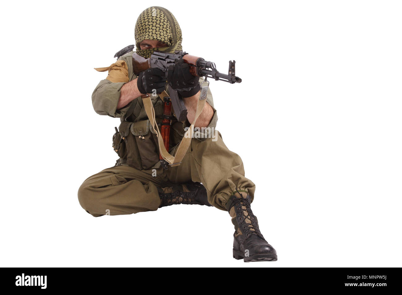insurgent wearing keffiyeh with AK 47 gun isolated on white Stock Photo ...
