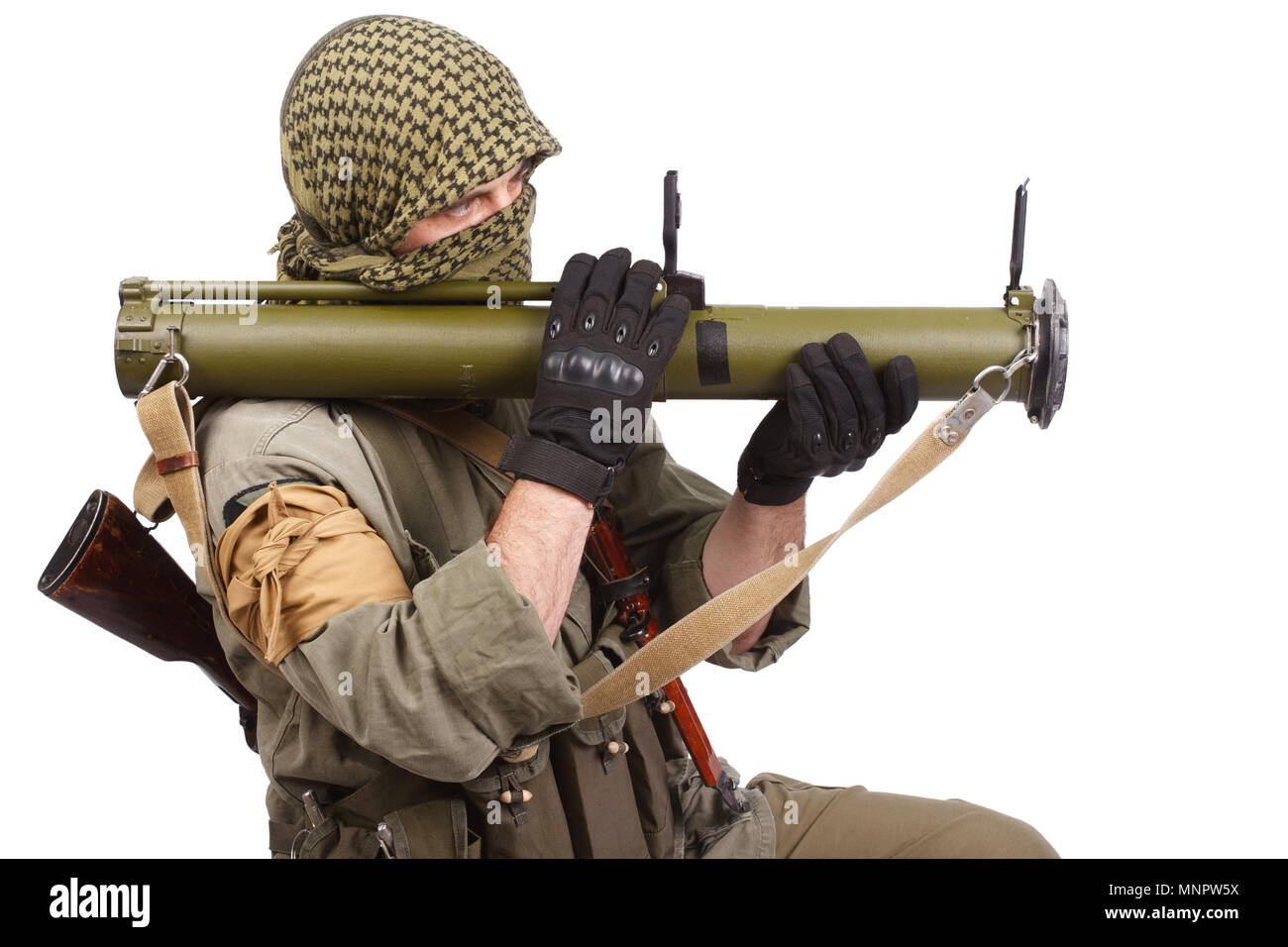 insurgent wearing keffiyeh with anti-tank rocket launcher isolated on ...