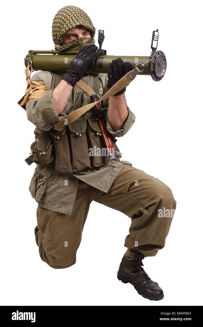 insurgent wearing keffiyeh with anti-tank rocket launcher isolated on ...