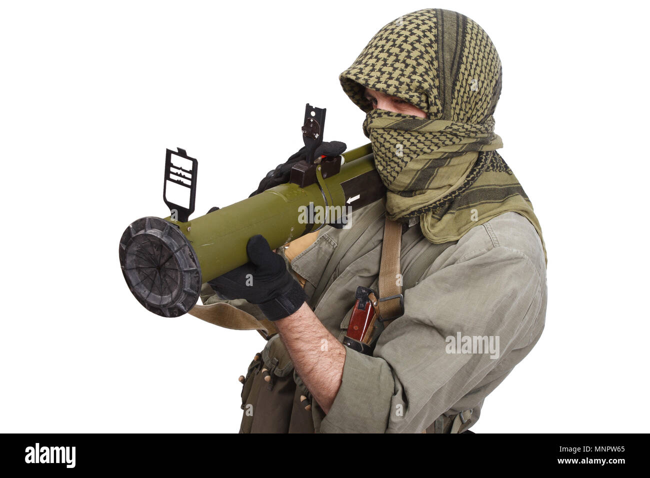 insurgent wearing keffiyeh with anti-tank rocket launcher isolated on ...